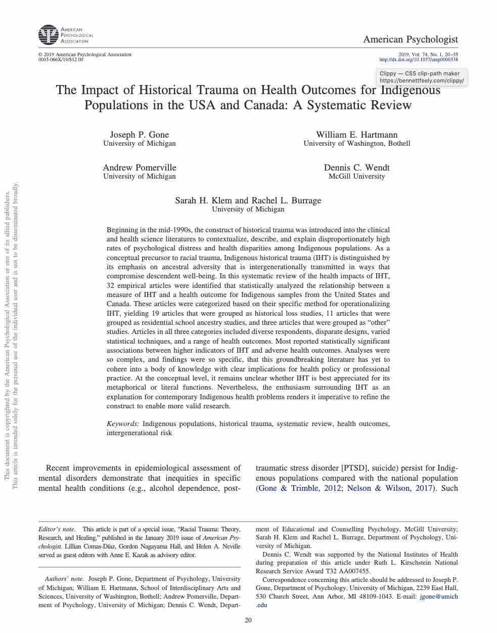The impact of historical trauma on health outcomes for Indigenous ...